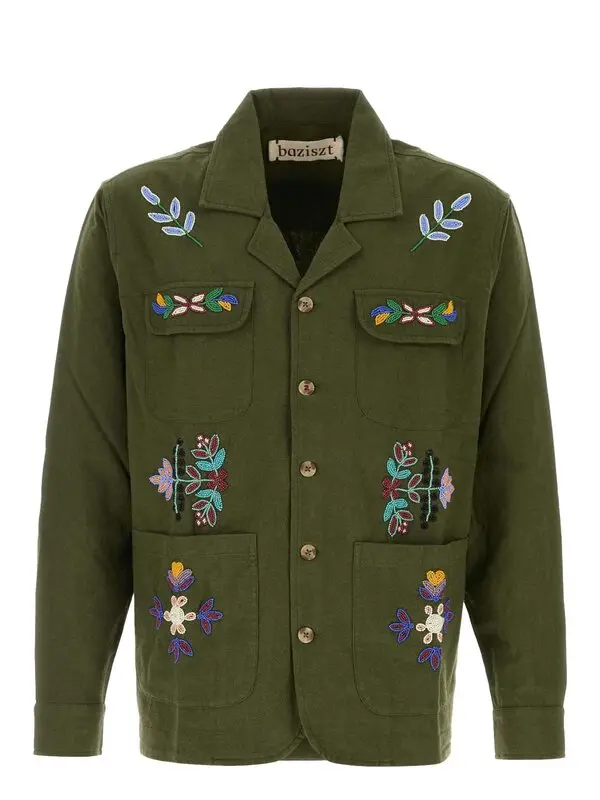 BAZISZT Embroidered Cotton Blazer - Green