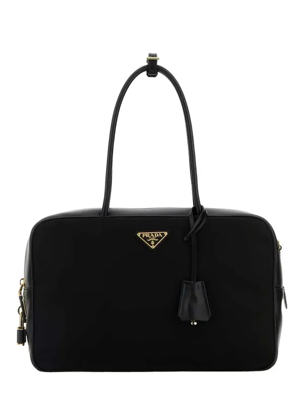 Prada Calf Leather And Re-nylon Handbag With Golden Metal Finishing - Black