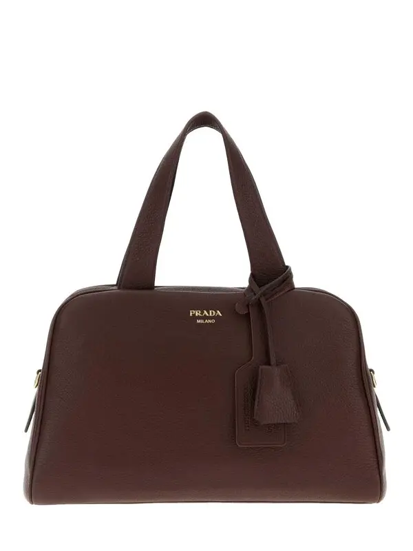 Prada Leather Handbag With Gold Tone Hardware - Brown
