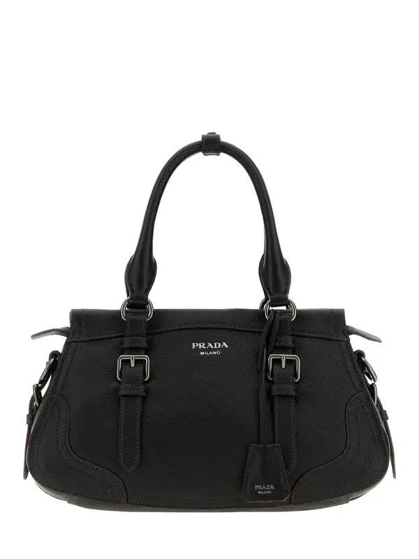 Prada Large Leather Handbag With Shoulder Strap - Black