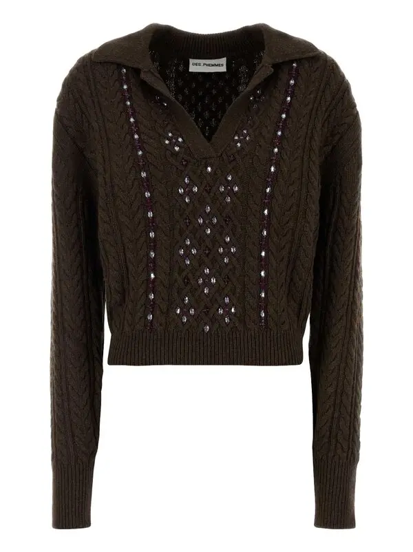 DES_PHEMMES Ribbed Knit Sweater With Embellished V-neck - Brown