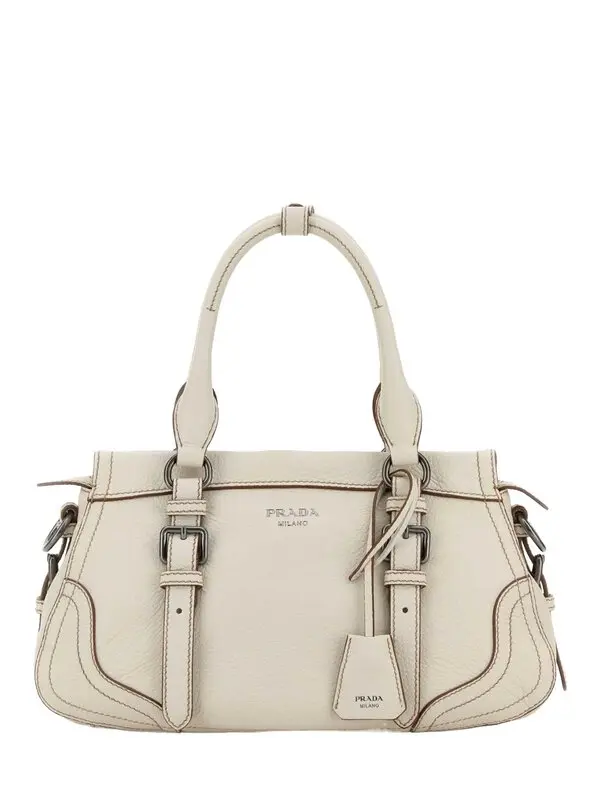 Prada Large Deer Leather Handbag With Top Handle And Shoulder Strap - White