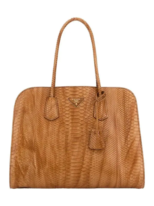Prada Style Python Leather Shopping Handbag With Golden Hardware - Orange