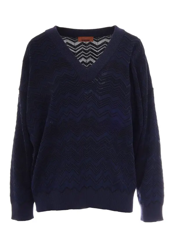 Missoni Zigzag Knit V-neck Sweater - Solid Navy Blue