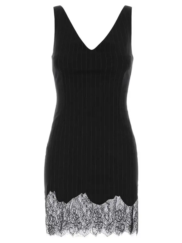 Andamane Black Pinstripe Lace Trim Mini Dress - Stripped