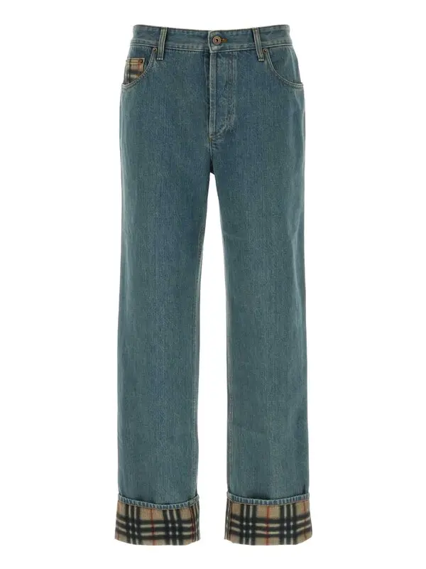 Burberry Cotton Denim Jeans With Check Detail - Light Blue