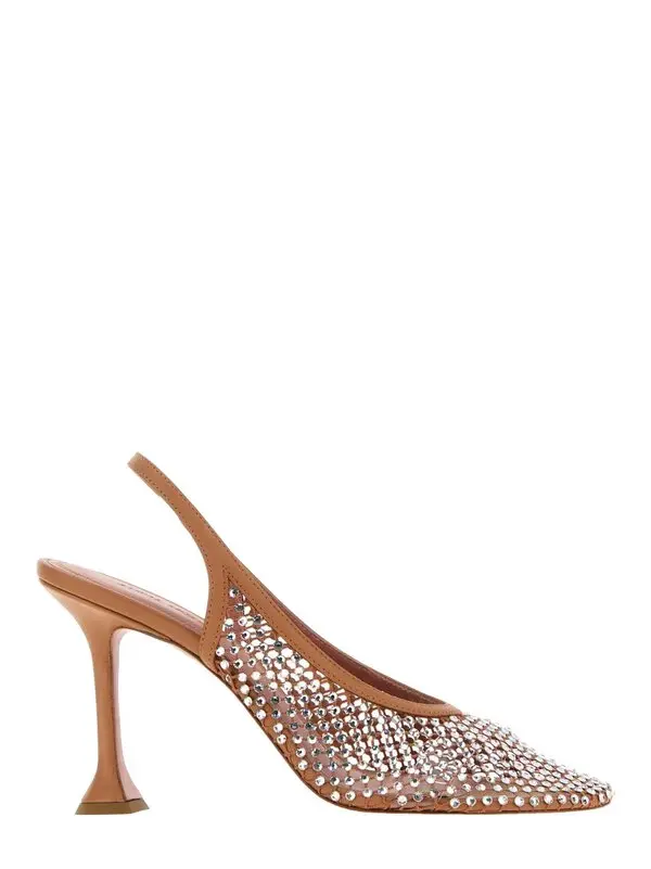 Amina Muaddi Embellished Mesh Slingback Pumps - Camel