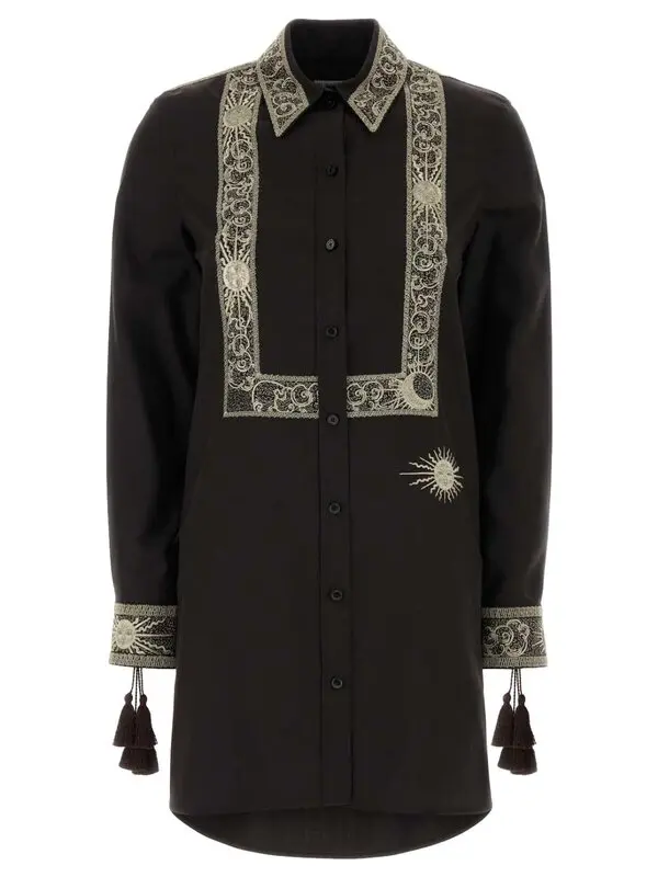 Burberry Embroidered Tasseled Shirt Dress - Brown