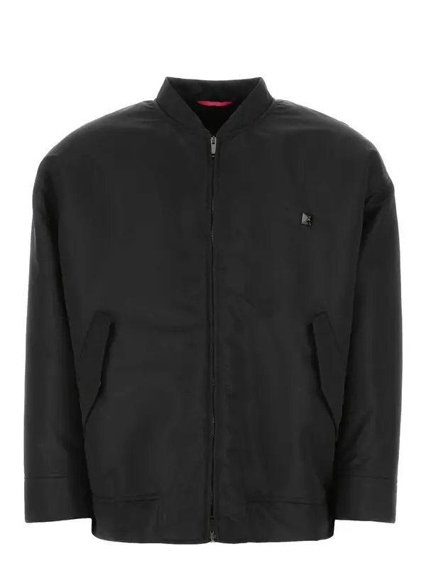Valentino Garavani Zip Up Nylon Jacket With Lambskin Lining - Black