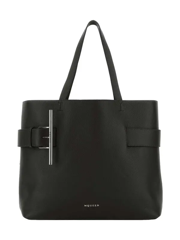 Alexander McQueen T-bar Leather Shopping Tote With Silver Hardware - Black