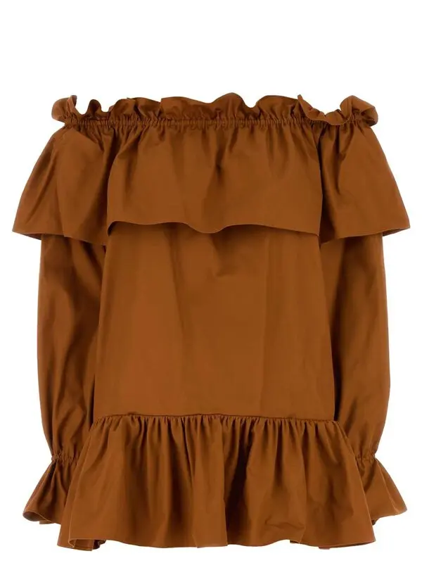 Saint Laurent Off-the-shoulder Ruffled Mini Dress - Camel