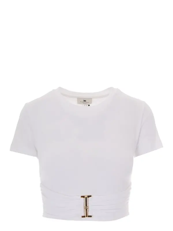 Elisabetta Franchi Short Sleeve T-shirt With Logo Buckle Detail - Gesso