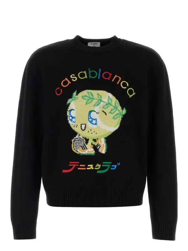 Casablanca Tennis Club" Crew Neck Pullover In Fine Knit Merino Wool - Black