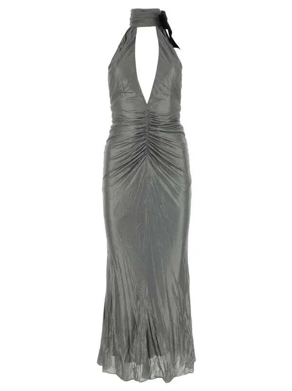 Alessandra Rich Halterneck Ruched Viscose Gown - Grey