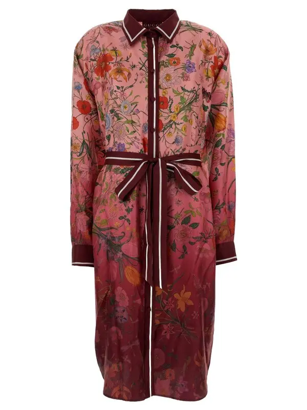 Gucci Floral Print Shirt Dress With Belt - Redmulti