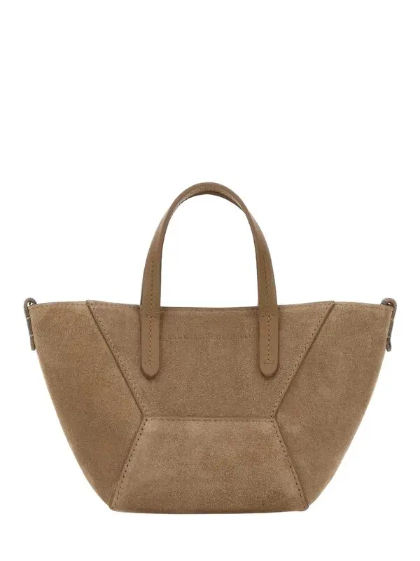 Brunello Cucinelli Mini Suede Handbag With Ruthenium Finish - Camel