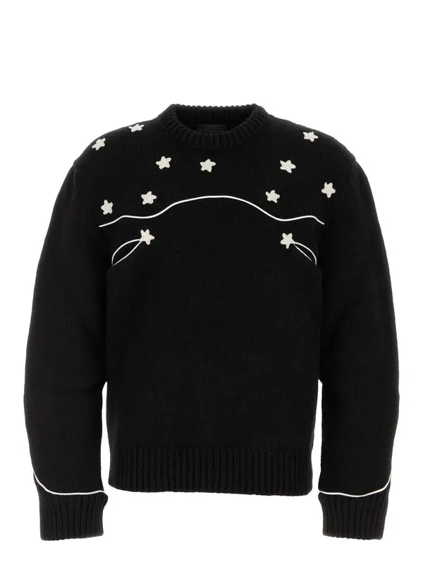 Prada 100% Wool Knit Sweater With Star Embellishments - Black