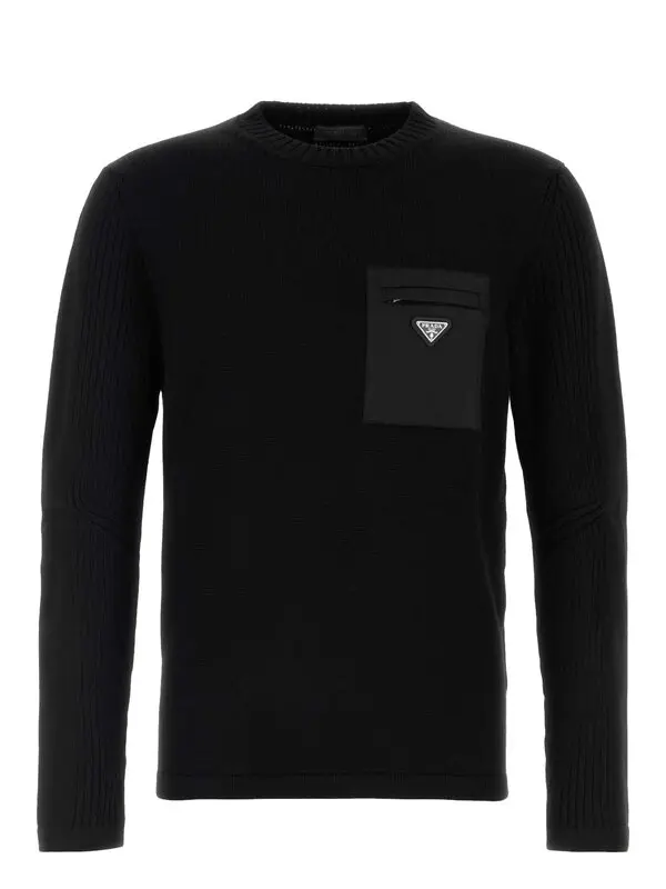 Prada Wool Sweater With Calf Leather Trim And Pocket Detail - Black