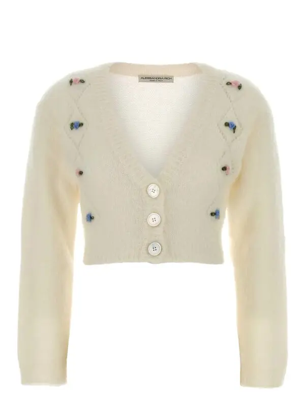 Alessandra Rich Mohair Blend Cropped Cardigan With Floral Embellishments - White