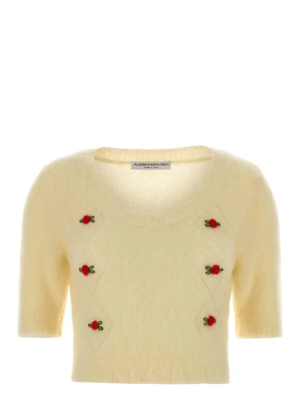 Alessandra Rich Cropped Mohair-blend Knit Sweater With Rose Embellishments - Yellow