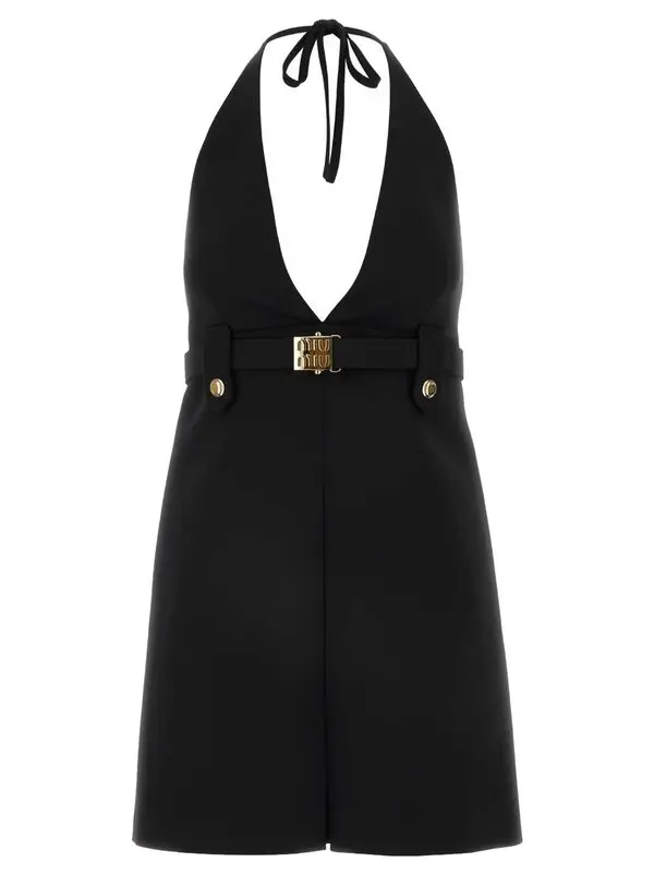 Miu Miu Halterneck Stretch Wool Dress With Belt Detail - Black