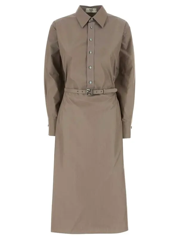 Fendi Cappuccino Poplin Shirt Dress With Belt - Beige O Tan