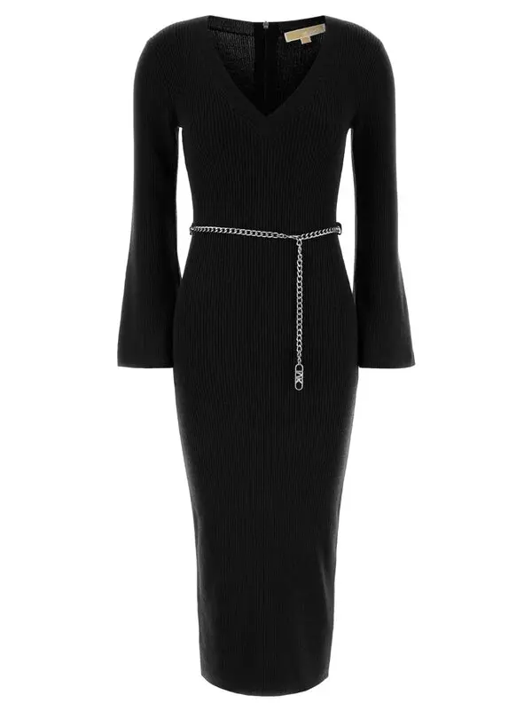 Michael Kors Ribbed Knit Sheath Dress With Chain Belt - Black