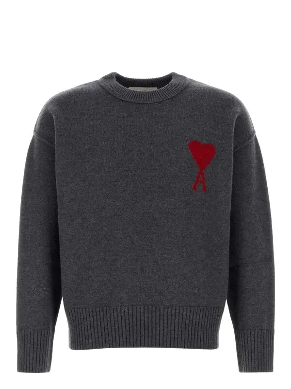 AMI Paris 100% Virgin Wool Crew Neck Sweater With Applique - Grey