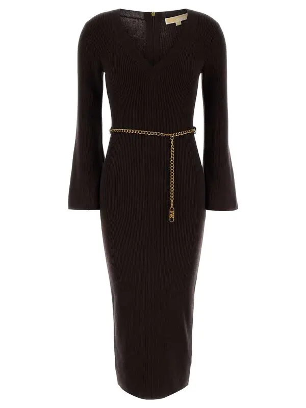 Michael Kors Ribbed Wool Blend Midi Dress With Chain Belt - Brown