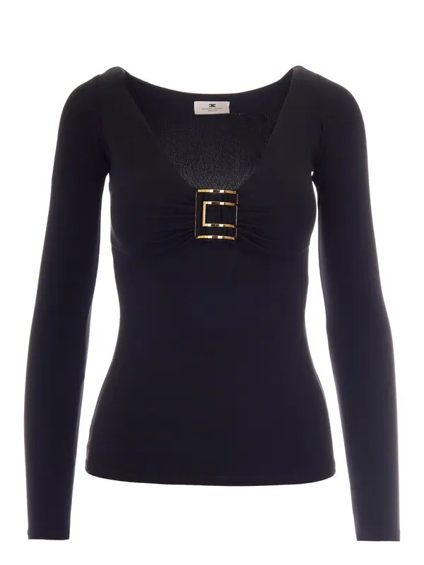 Elisabetta Franchi Fitted Long Sleeve V-neck Top With Buckle Detail - Nero