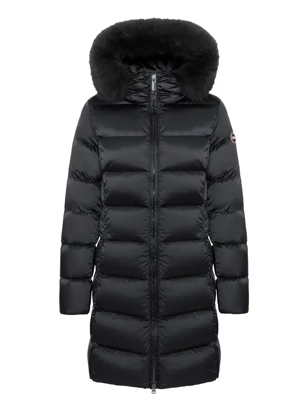 COLMAR Long Quilted Down Coat With Faux Fur Hood - Black