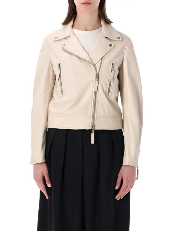 SWORD 6644 Cropped Leather Biker Jacket - Oyster