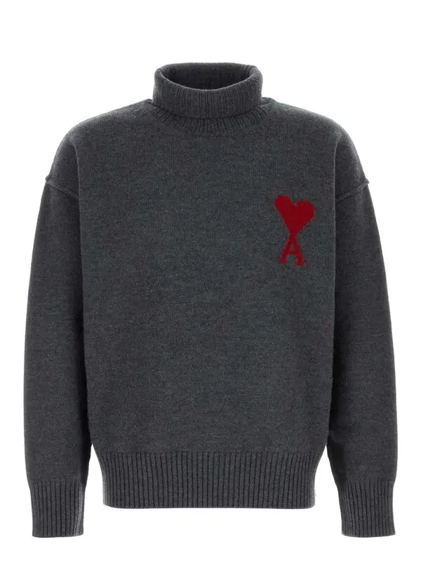 AMI Paris Virgin Wool High Neck Sweater With Embroidered Logo - Grey