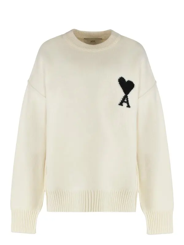 AMI Paris Virgin Wool High Neck Sweater With Embroidered Logo - White