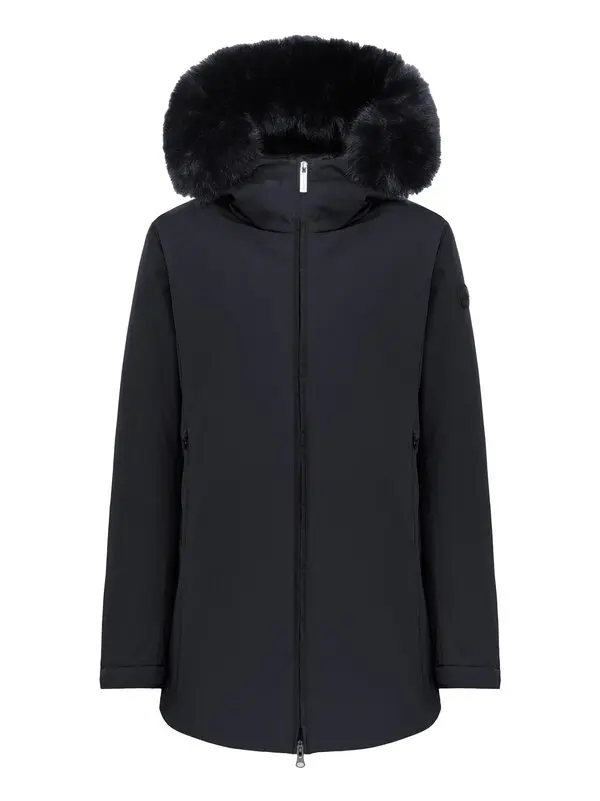 COLMAR Long Hooded Puffer Coat With Faux Fur Trim - Black