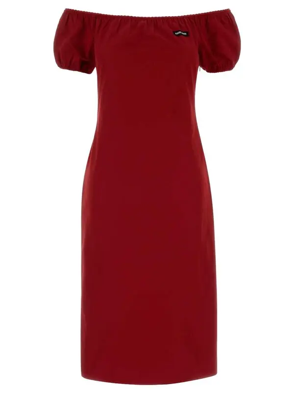 Miu Miu Off-the-shoulder Puff Sleeve Midi Dress - Red
