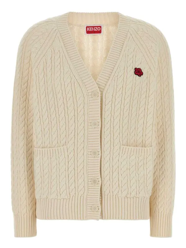 Kenzo Cotton-wool Blend Cable Knit Cardigan With Rose Appliqu - White