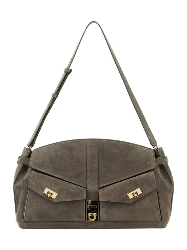 FERRAGAMO Suede Shoulder Handbag With Golden Metal Finishing, 35 X 23 X 17 Cm - Grey