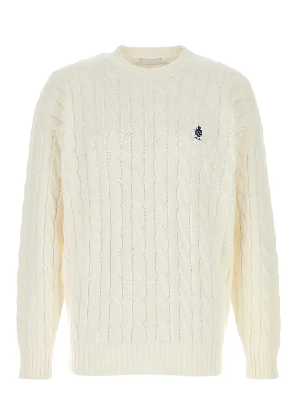 Prada Cotton Cable Knit Crewneck Sweater - White