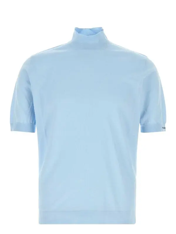 Prada Cotton Knit High Neck Short Sleeve Sweater - Light Blue