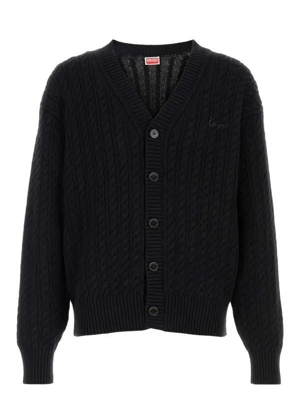 Kenzo Cotton-wool Blend Cable Knit Cardigan - Black