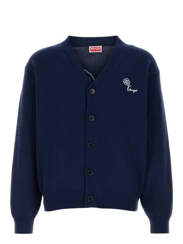 Kenzo Embroidered V-neck Wool-blend Cardigan - Blue