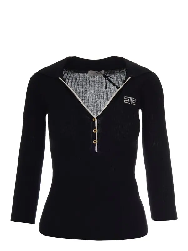 Elisabetta Franchi Long Sleeve Ribbed Knit Polo Top - Nero/burro