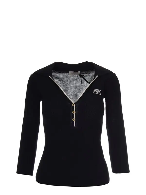 Elisabetta Franchi Long Sleeve Ribbed Knit Polo Top - Nero/burro