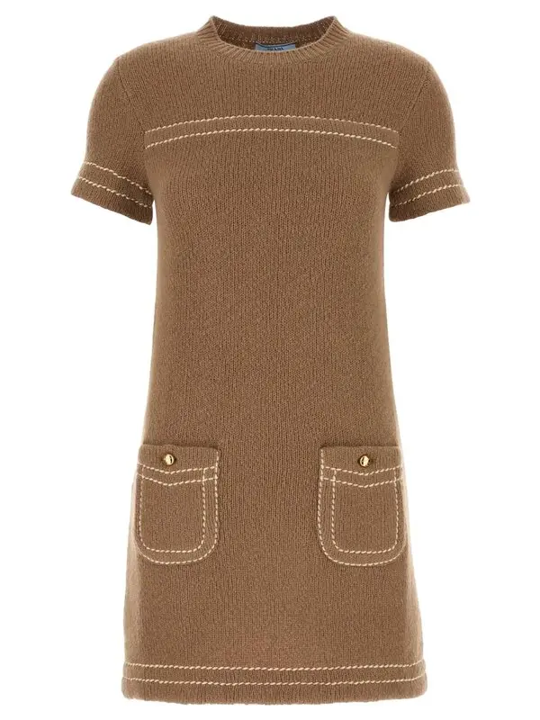Prada Cashmere Mini Sweater Dress With Contrast Stitching - Camel