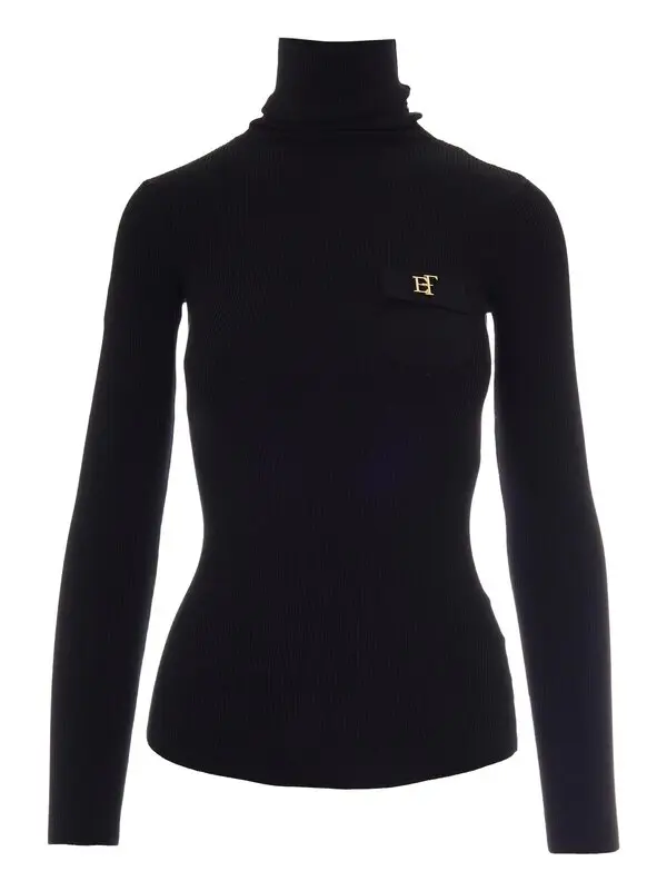 Elisabetta Franchi Ribbed Turtleneck Sweater With Logo Pocket Detail - Nero
