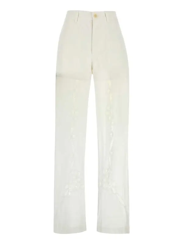 MARINE SERRE 100% Cotton Embroidered Straight Leg Trousers - White