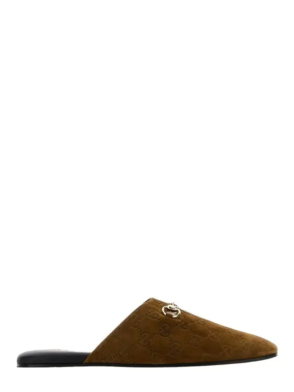 Gucci Suede Embossed Horsebit Slippers - Camel