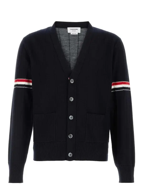Thom Browne Virgin Wool Cardigan With Signature Stripes - Blue