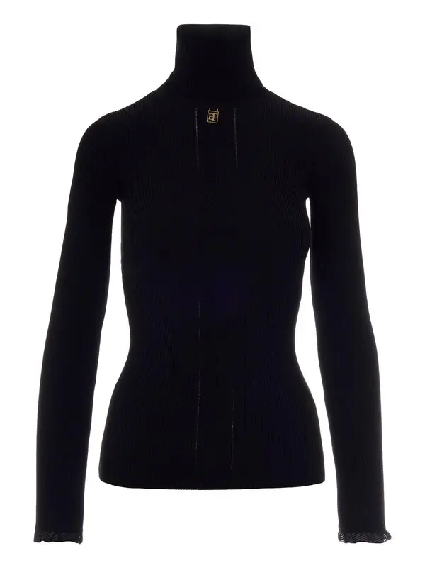 Elisabetta Franchi Ribbed Knit Turtleneck Sweater With Logo Detail - Nero
